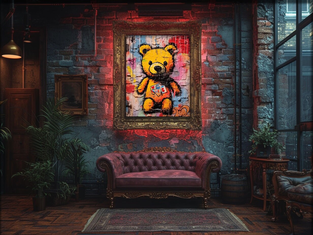 Colorful Teddy Bear Graffiti Wall Art, Cute Brown Bear Graffiti Print ...