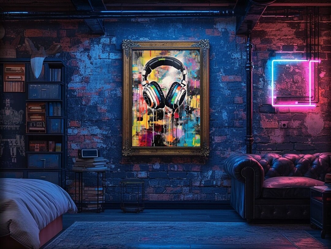Headphones Graffiti Wall Art - Retro Music Digital Print, DJ Headphones ...