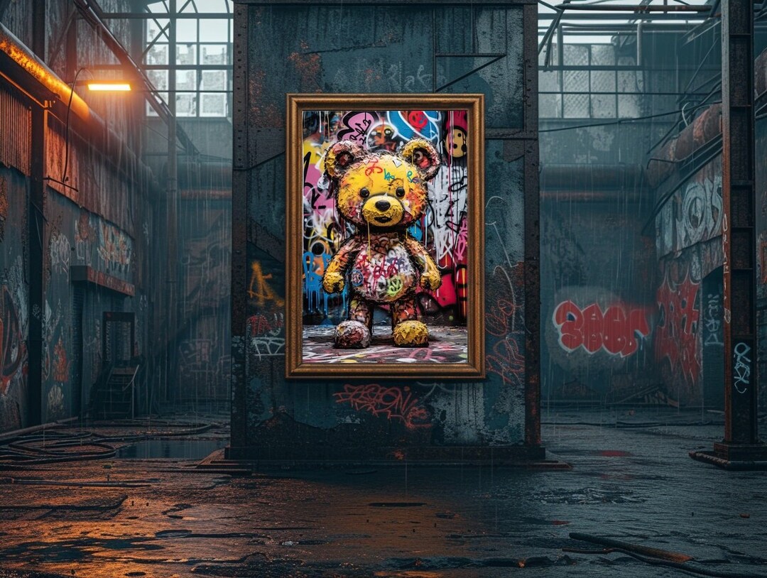 Banksy-inspired Teddy Bear Graffiti, Vibrant Urban Street Art, Modern ...