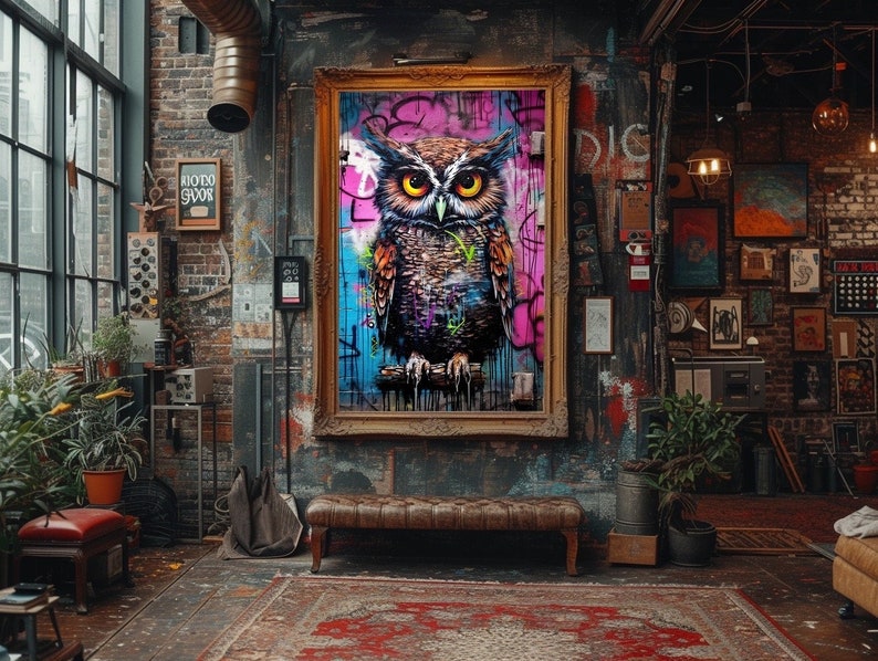 Printable Owl Graffiti Masterpiece, Vibrant Street Art Wall Decor ...
