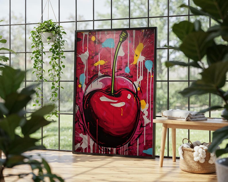Red Cherry Graffiti Wall Art, Printable Digital, Colorful Fruit Wall ...