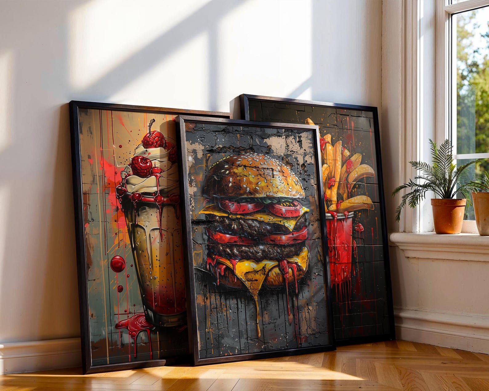 Set of 3 Graffiti Food Art Prints, Hamburger, French Fries, Milkshake ...