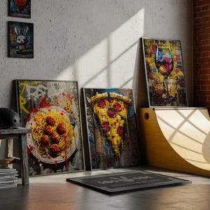 Food Graffiti Gallery Wall Set, Set of 3, Pizza, Spaghetti, Wine, Bold ...