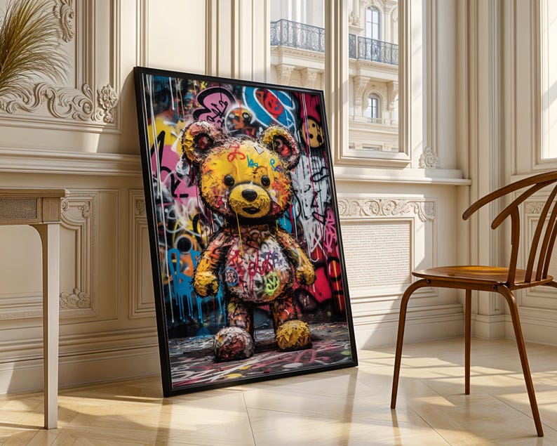 Banksy-inspired Teddy Bear Graffiti, Vibrant Urban Street Art, Modern ...