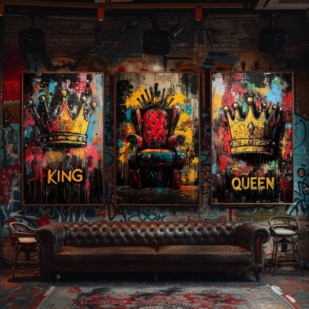 Crown Graffiti Wall Art Set of 3, King Queen Throne Prints, Urban ...