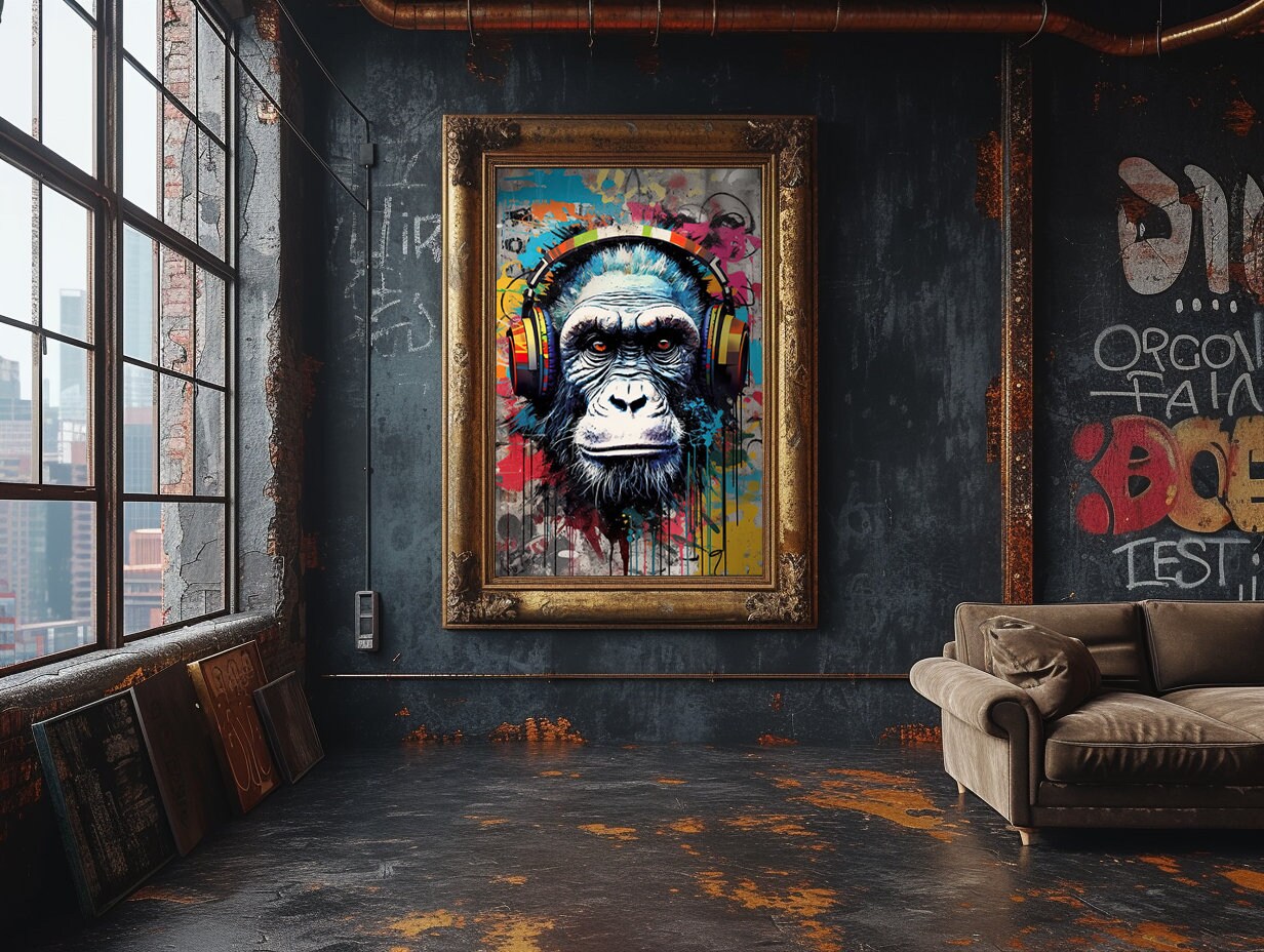 Monkey With Headphones Graffiti Wall Art, Digital Download, Colorful DJ ...