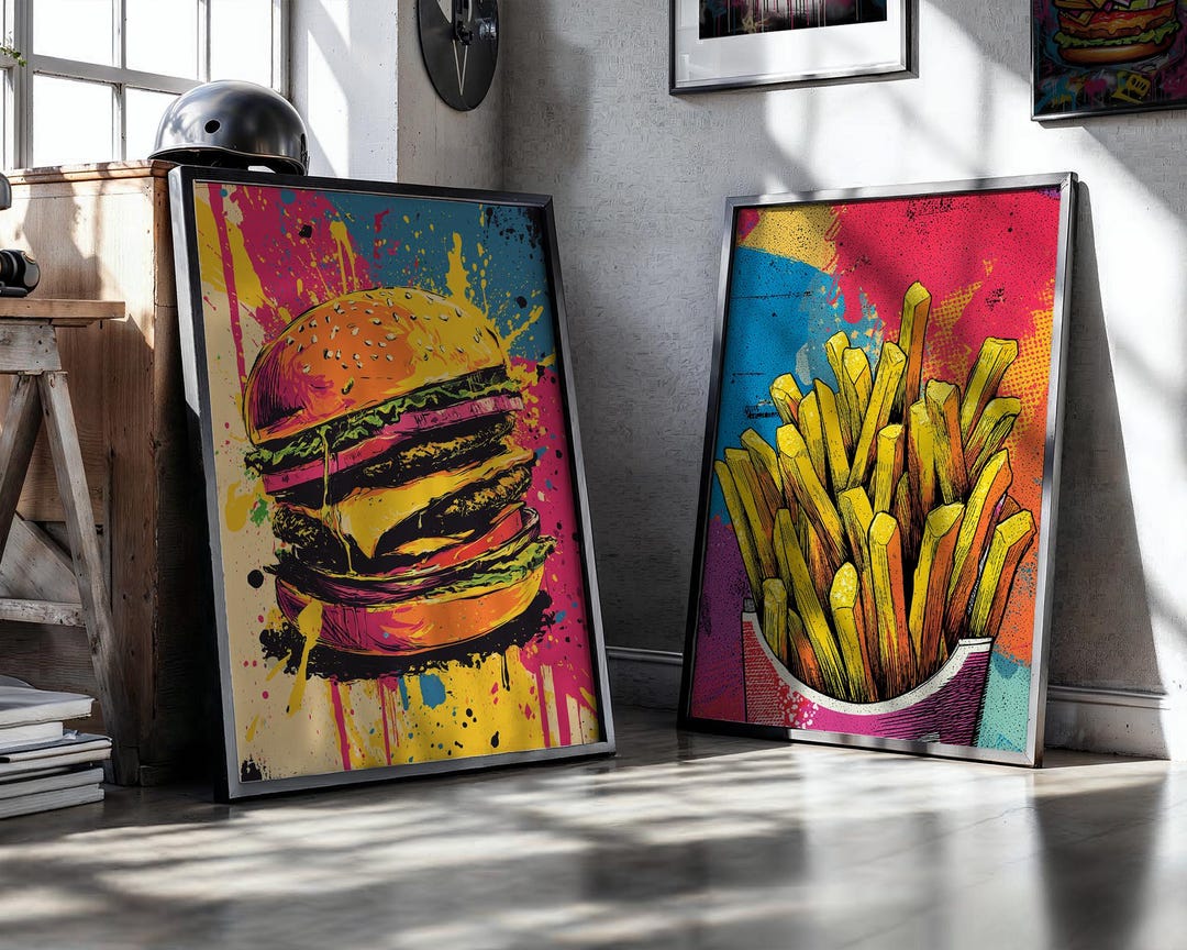 Graffiti Food Wall Art Set of 2, Pop Art Burger and Fries Prints ...