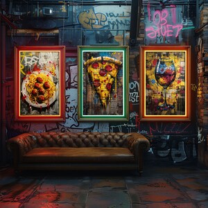 Food Graffiti Gallery Wall Set, Set of 3, Pizza, Spaghetti, Wine, Bold ...