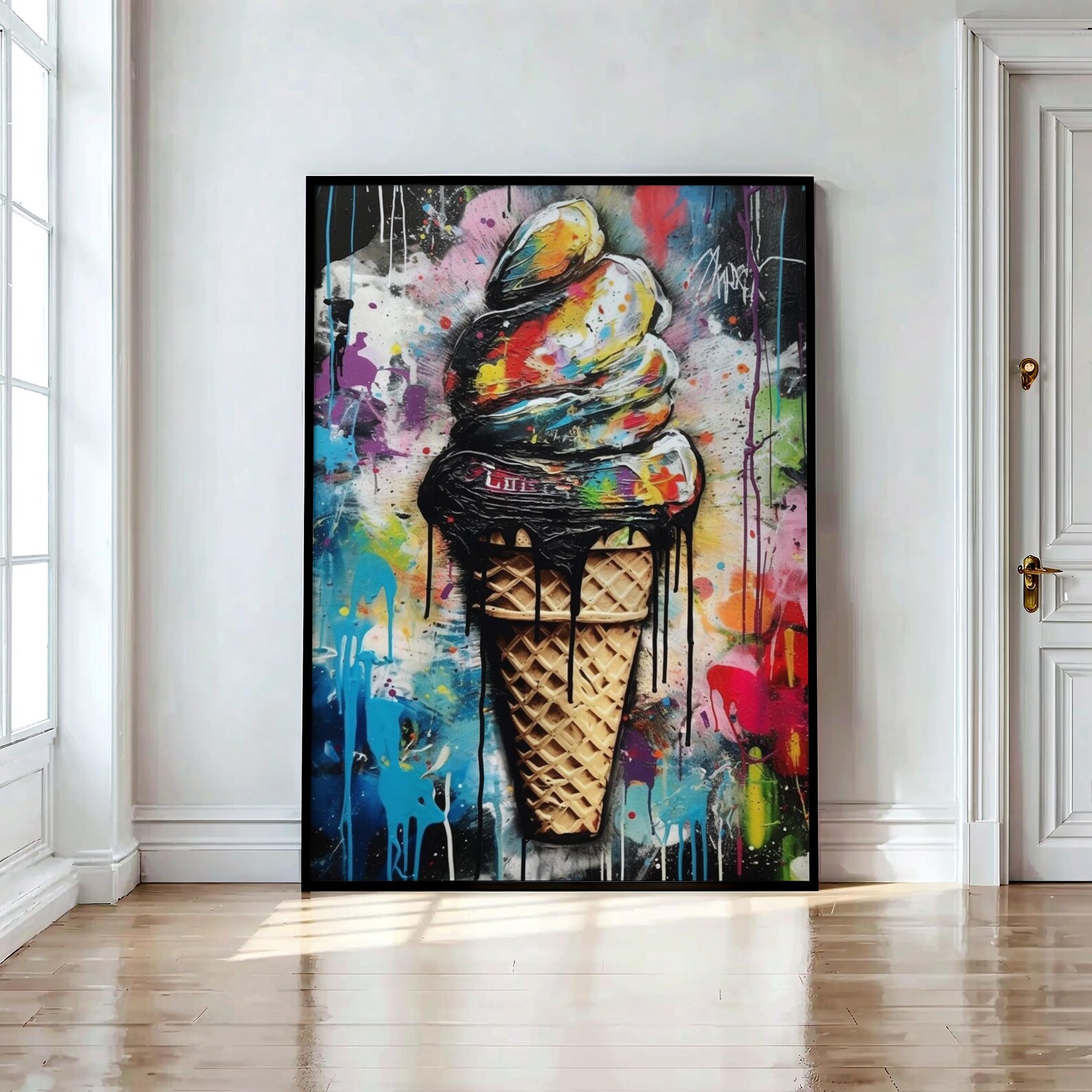 Urban Vanilla Ice Cream Cone Graffiti, Vibrant Street Art Digital Print ...