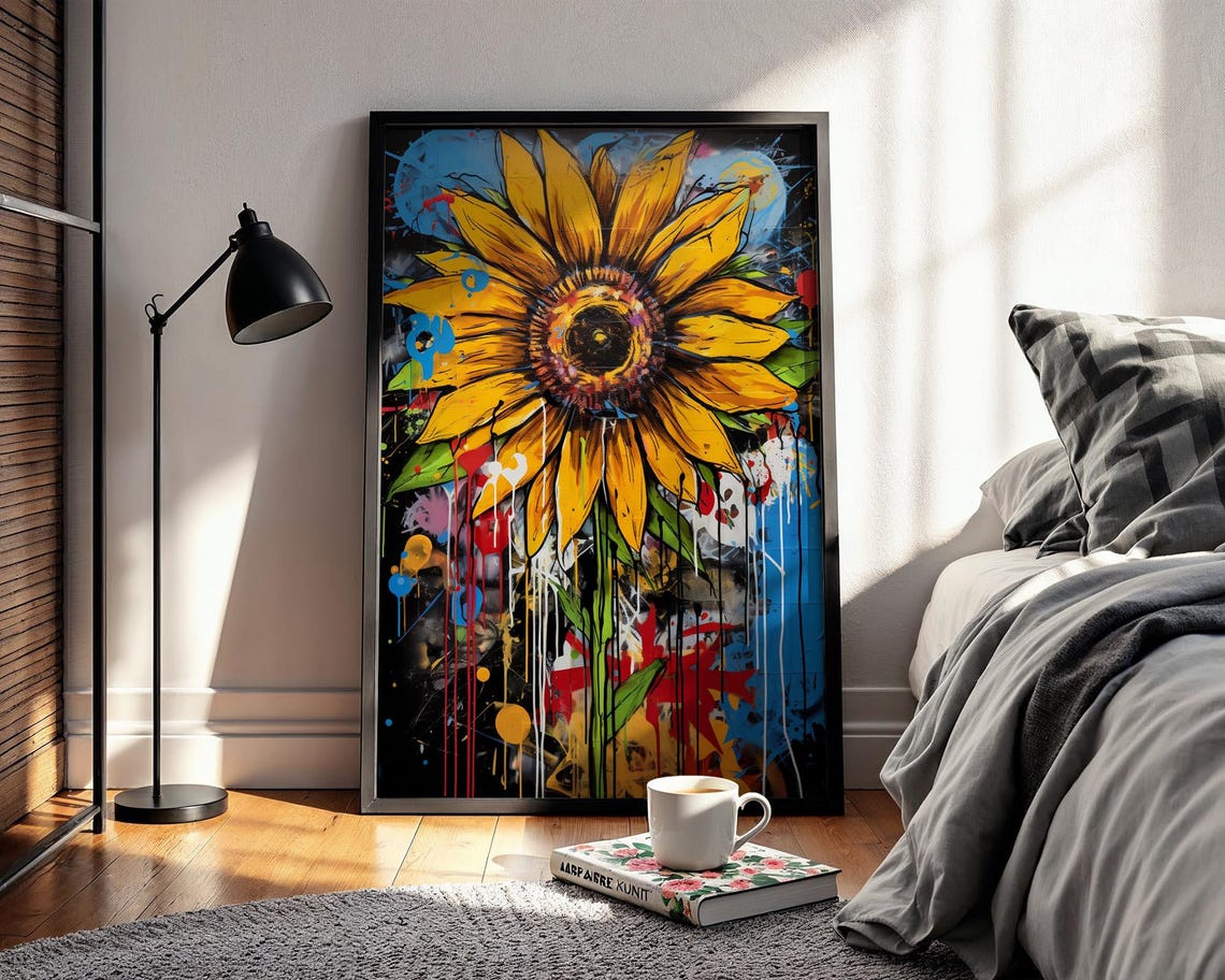 Sunflower Graffiti Wall Art, Botanical Digital Art Print, Flower ...