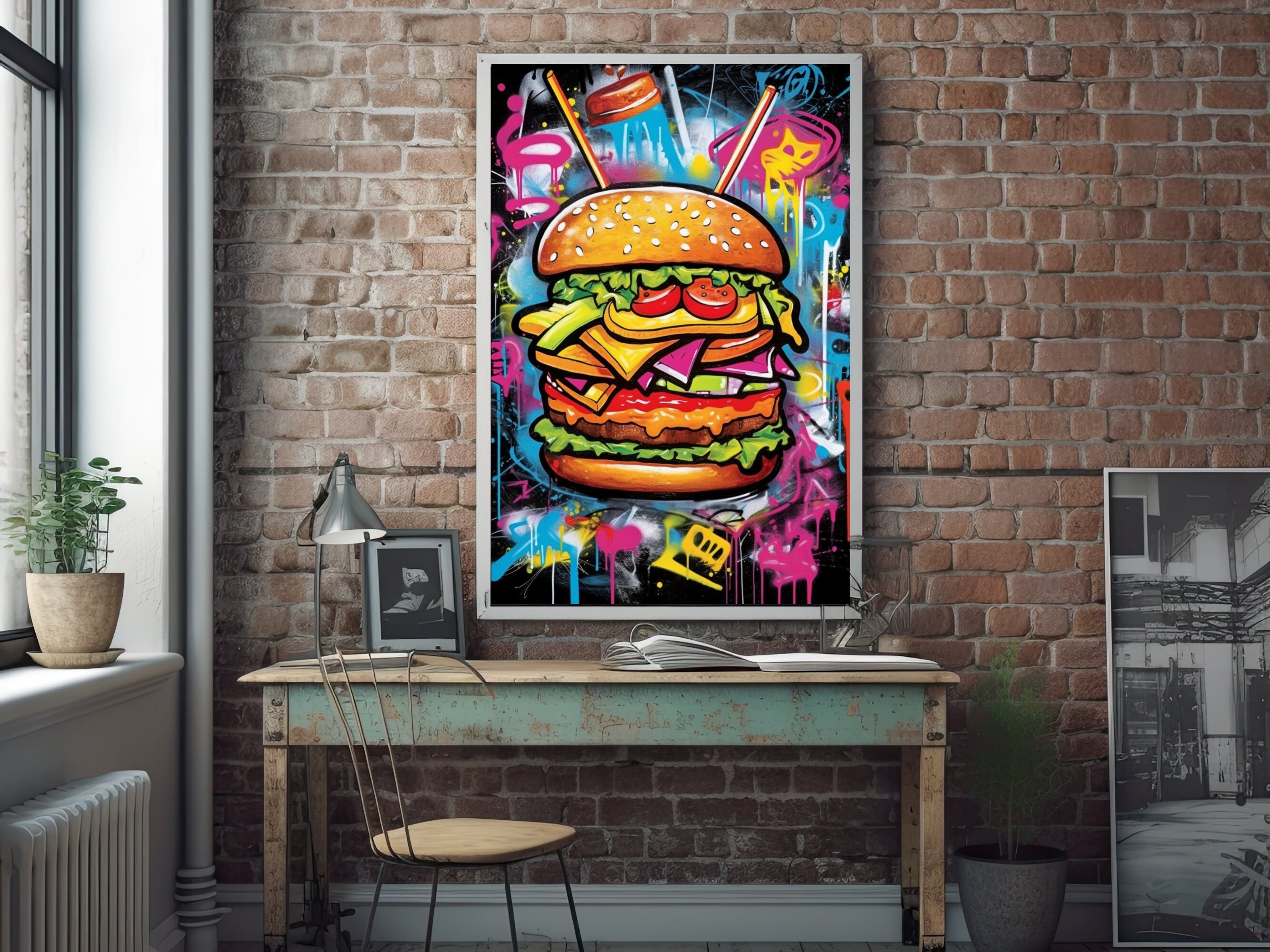Hamburger Graffiti Wall Art, Burger Printable Digital, Modern, Urban ...