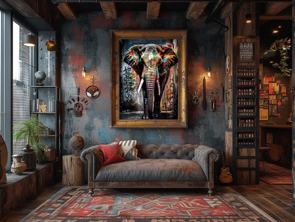 Elefant Graffiti Wandkunst, bedruckbares digitales Bild, Bunter Elefant-Wand-Dekor, Tier ...