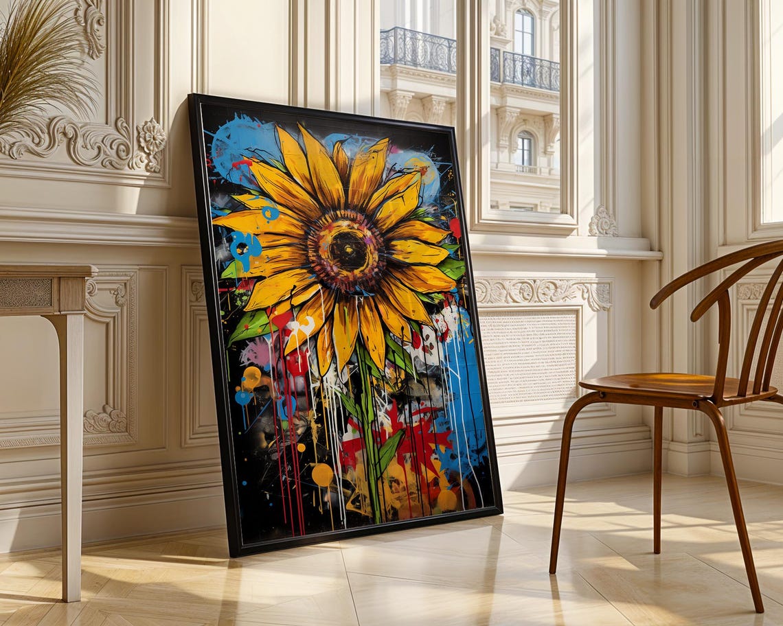 Sunflower Graffiti Wall Art, Botanical Digital Art Print, Flower ...