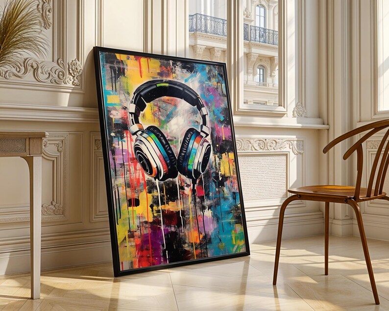 Headphones Graffiti Wall Art - Retro Music Digital Print, DJ Headphones ...