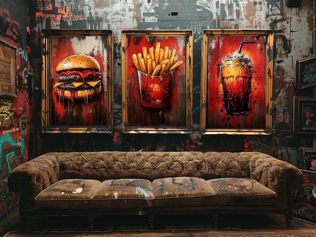 Food Graffiti Set of 3 Wall Art Prints, Hamburger, French Fries, Soda ...