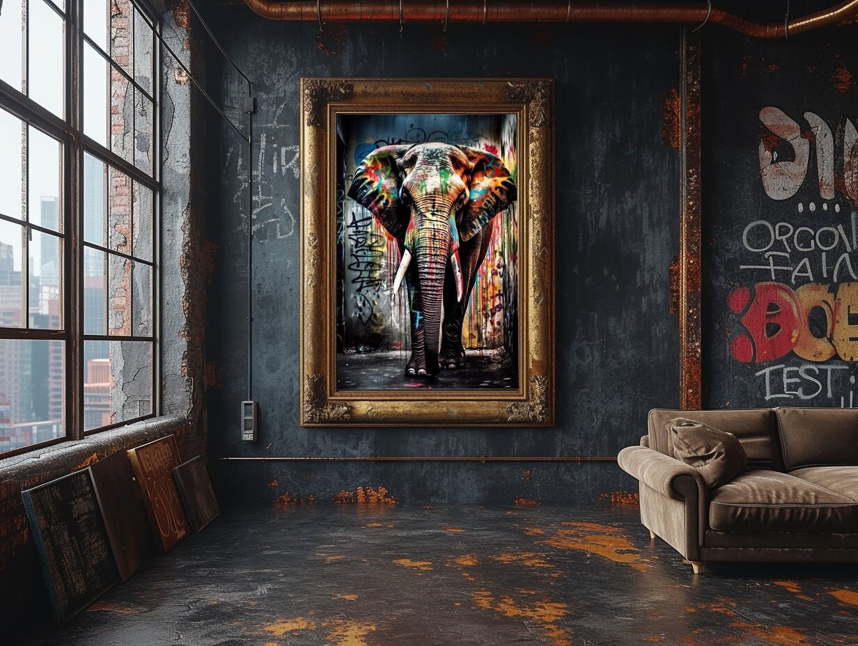 Elefant Graffiti Wandkunst, bedruckbares digitales Bild, Bunter Elefant-Wand-Dekor, Tier ...