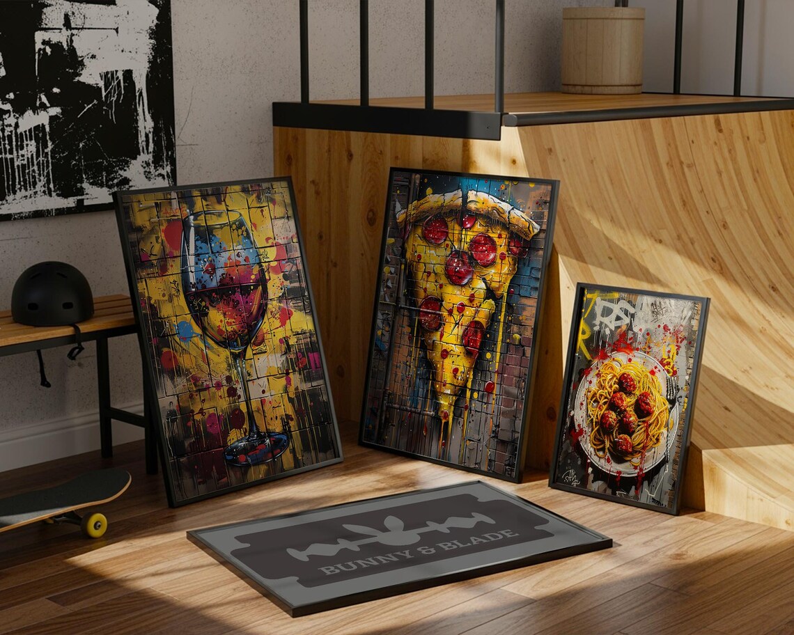 Food Graffiti Gallery Wall Set, Set of 3, Pizza, Spaghetti, Wine, Bold ...