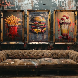 Set of 3 Graffiti Food Art Prints, Hamburger, French Fries, Milkshake ...