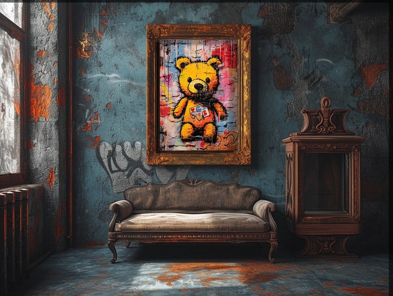 Colorful Teddy Bear Graffiti Wall Art, Cute Brown Bear Graffiti Print ...