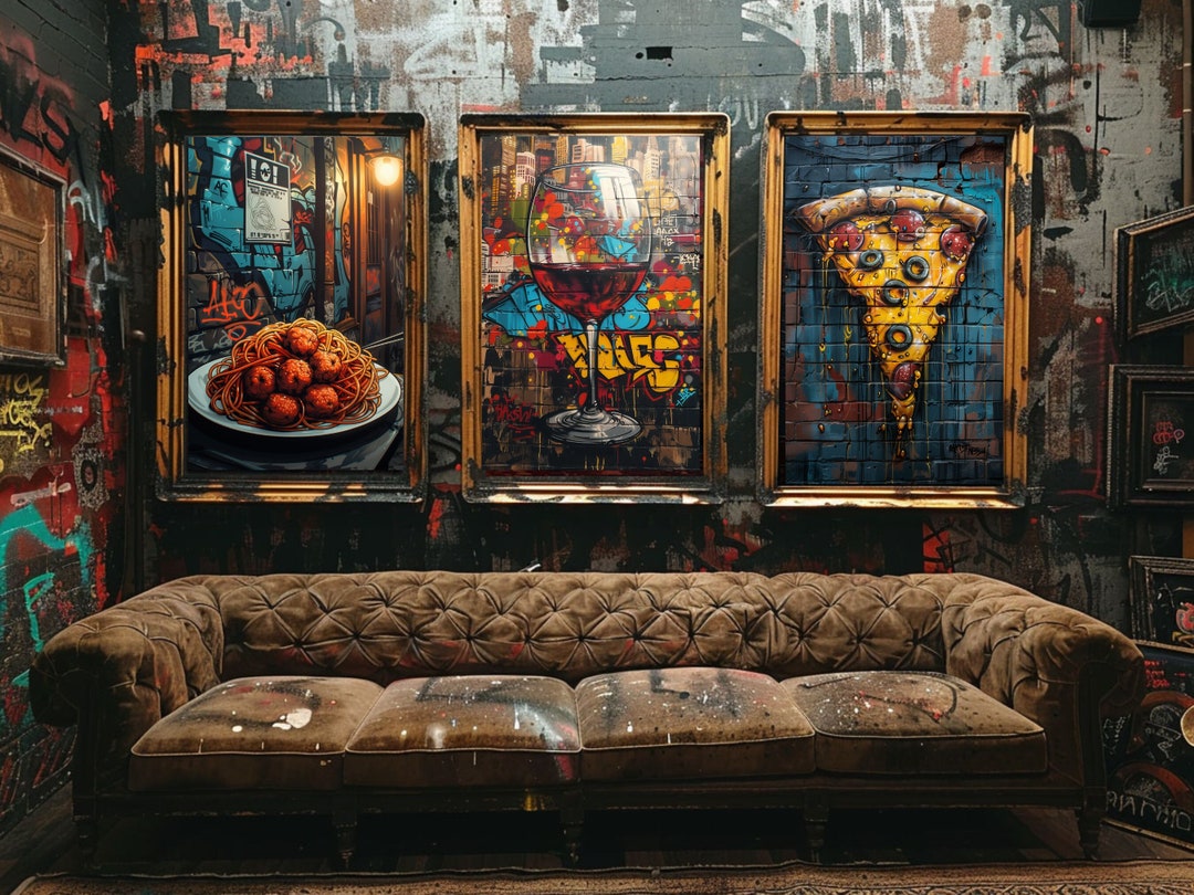 Food Graffiti Gallery Wall Set, Set of 3, Pizza, Spaghetti, Wine ...