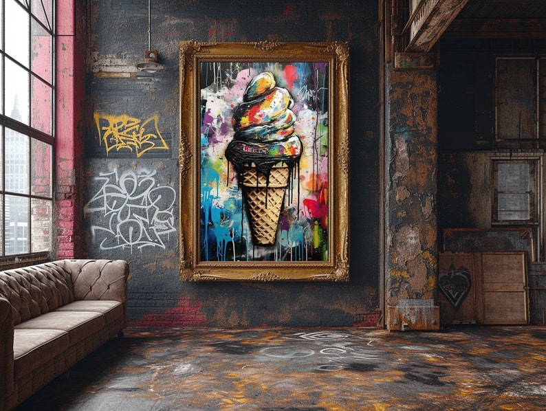Urban Vanilla Ice Cream Cone Graffiti, Vibrant Street Art Digital Print ...