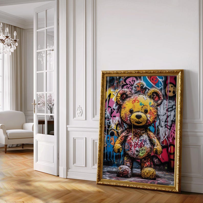 Banksy-inspired Teddy Bear Graffiti, Vibrant Urban Street Art, Modern ...