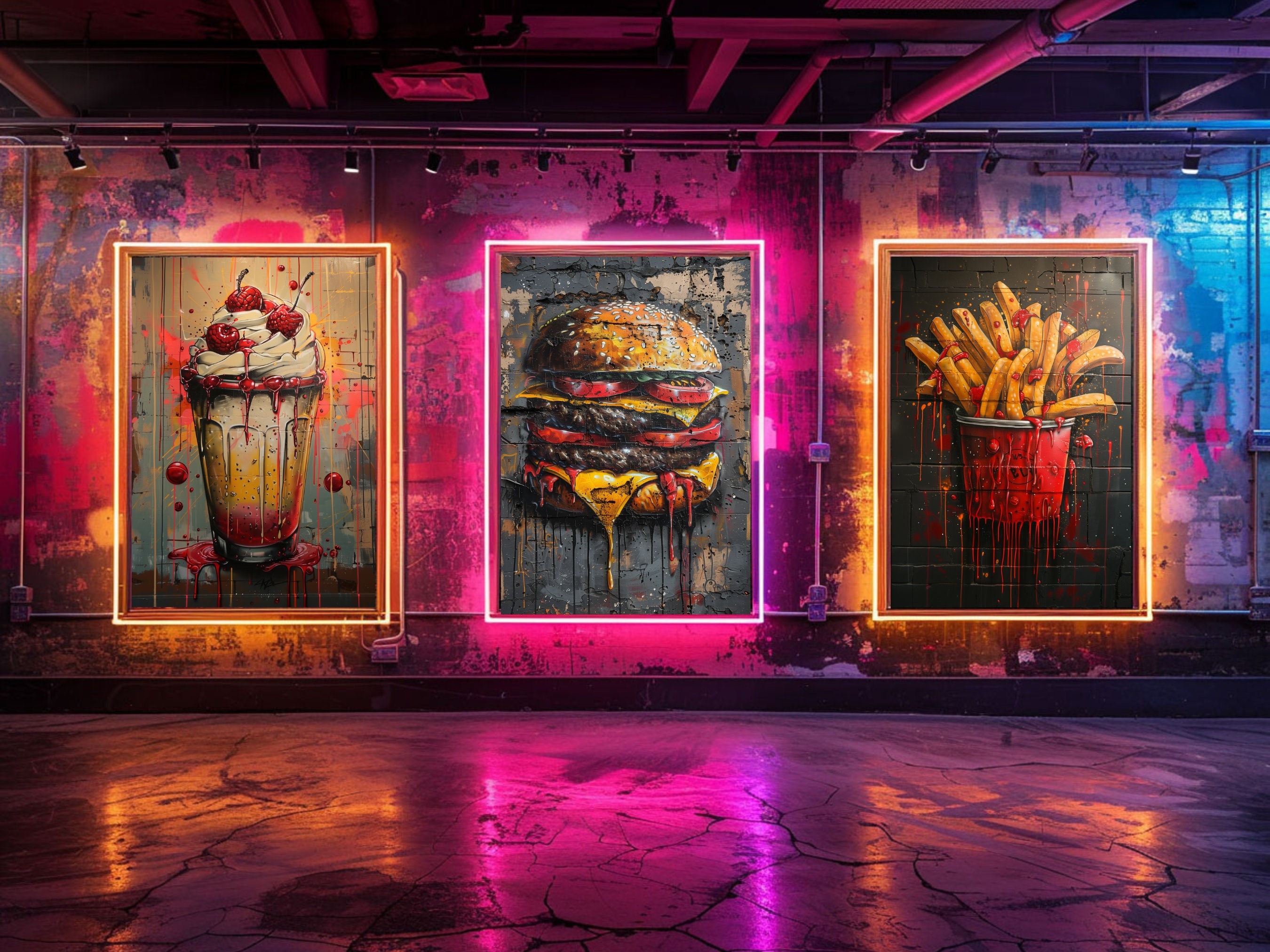 Set of 3 Graffiti Food Art Prints, Hamburger, French Fries, Milkshake ...