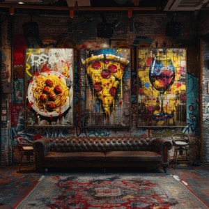 Food Graffiti Gallery Wall Set, Set of 3, Pizza, Spaghetti, Wine, Bold ...