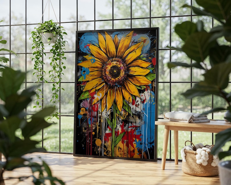 Sunflower Graffiti Wall Art, Botanical Digital Art Print, Flower ...