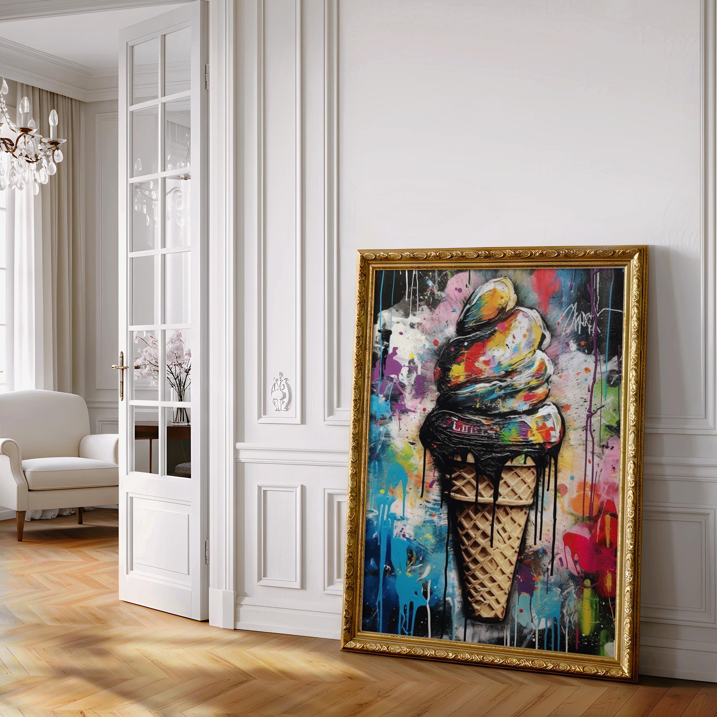 Urban Vanilla Ice Cream Cone Graffiti, Vibrant Street Art Digital Print ...