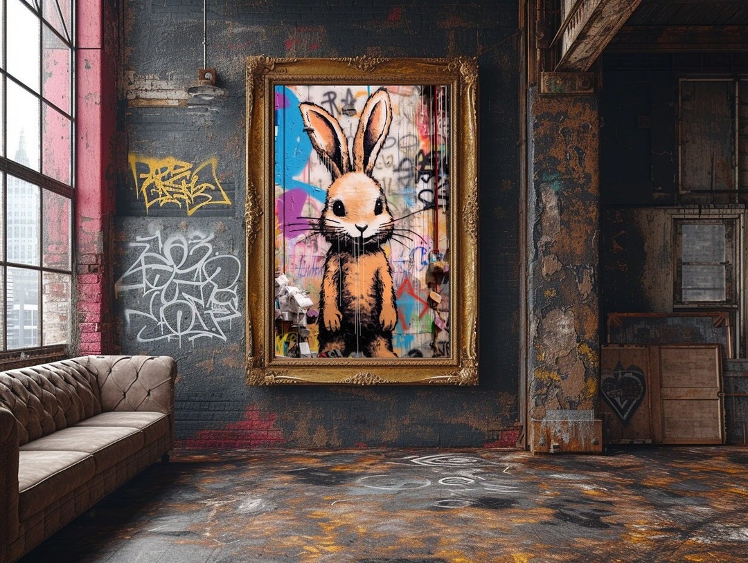 Cute Rabbit Graffiti Art, Vibrant Bunny Street Wall Decor, Modern ...
