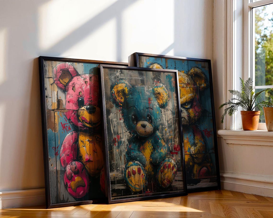 Teddy Bear Graffiti Gallery Wall Set, Set of 3, Bold Urban Wall Prints ...
