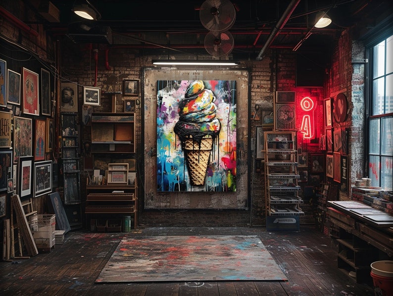Urban Vanilla Ice Cream Cone Graffiti, Vibrant Street Art Digital Print ...