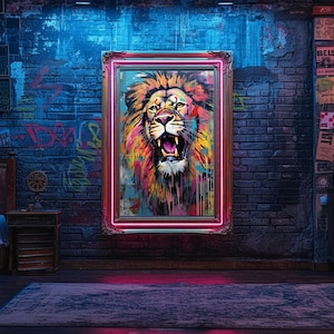 Lion Head Graffiti Wall Art, Printable Digital Colorful Lion Wall Decor ...