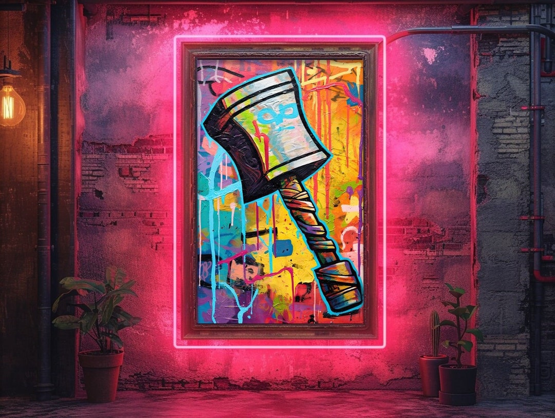 Thor Hammer Graffiti Wall Art, Mjölnir Graffiti Print, Modern, Urban ...