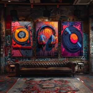 Music Graffiti Gallery Wall Set, Set of 3, Headphones, Vinyl Player ...