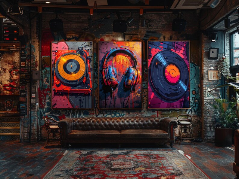 Music Graffiti Gallery Wall Set, Set of 3, Headphones, Vinyl Player ...