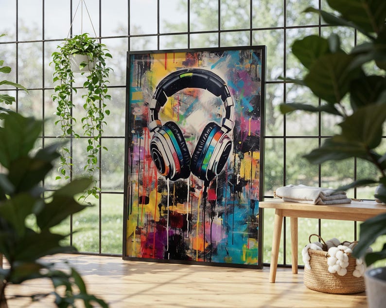 Headphones Graffiti Wall Art - Retro Music Digital Print, DJ Headphones ...