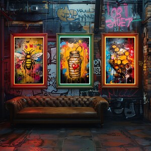 Graffiti Wall Set, Set of 3 Prints, Bee, Honeycomb, Honey Jar, Bold ...