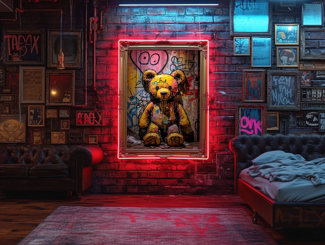 Teddy Bear Graffiti Wall Art, Digital Printable, Love Heart Colorful ...