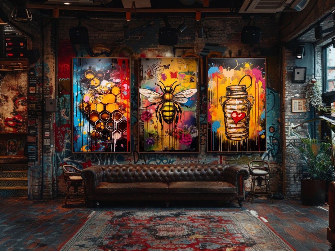 Graffiti Wall Set, Set of 3 Prints, Bee, Honeycomb, Honey Jar, Bold ...