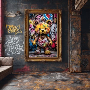 Banksy-inspired Teddy Bear Graffiti, Vibrant Urban Street Art, Modern ...