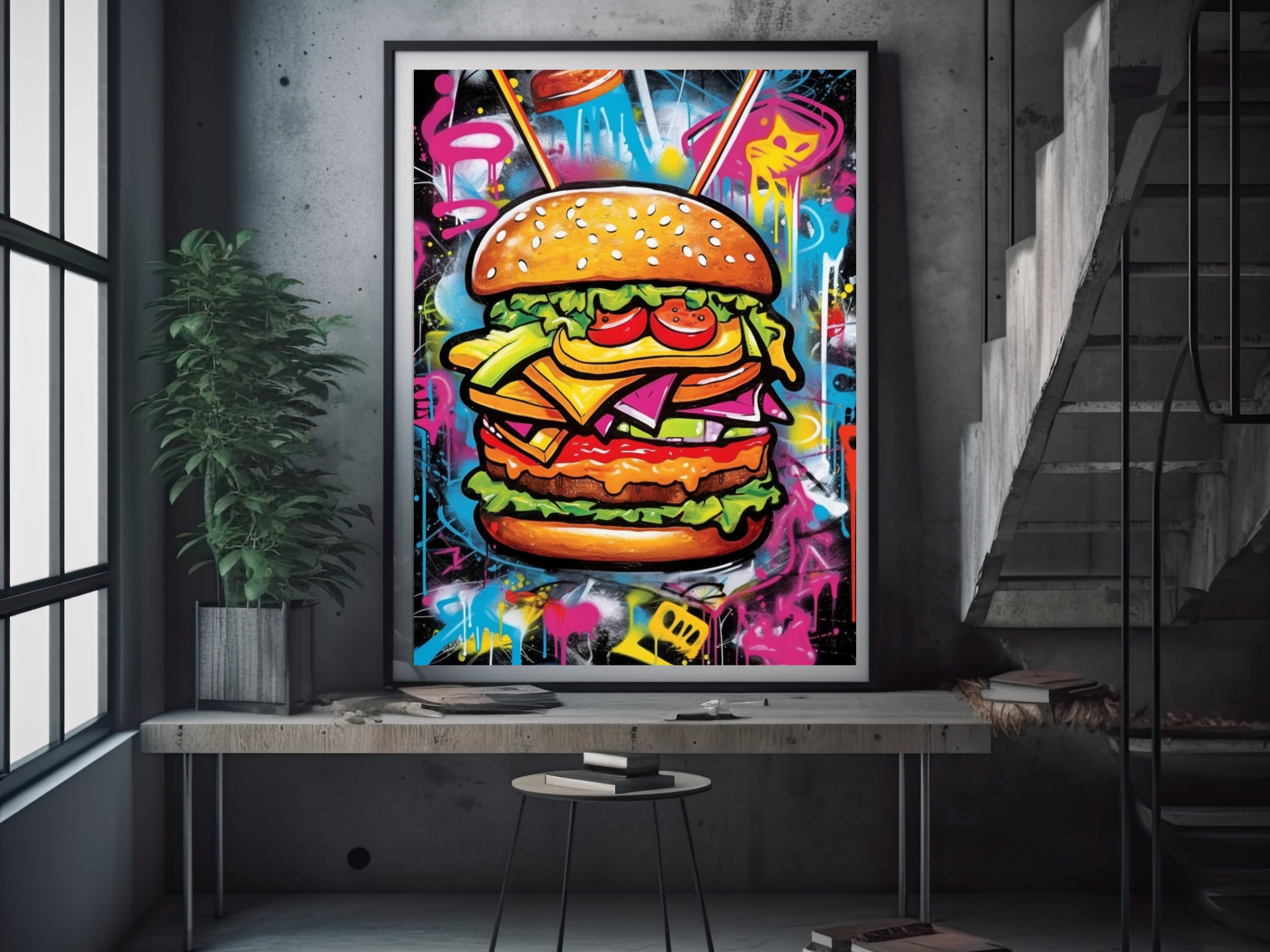 Hamburger Graffiti Wall Art, Burger Printable Digital, Modern, Urban ...