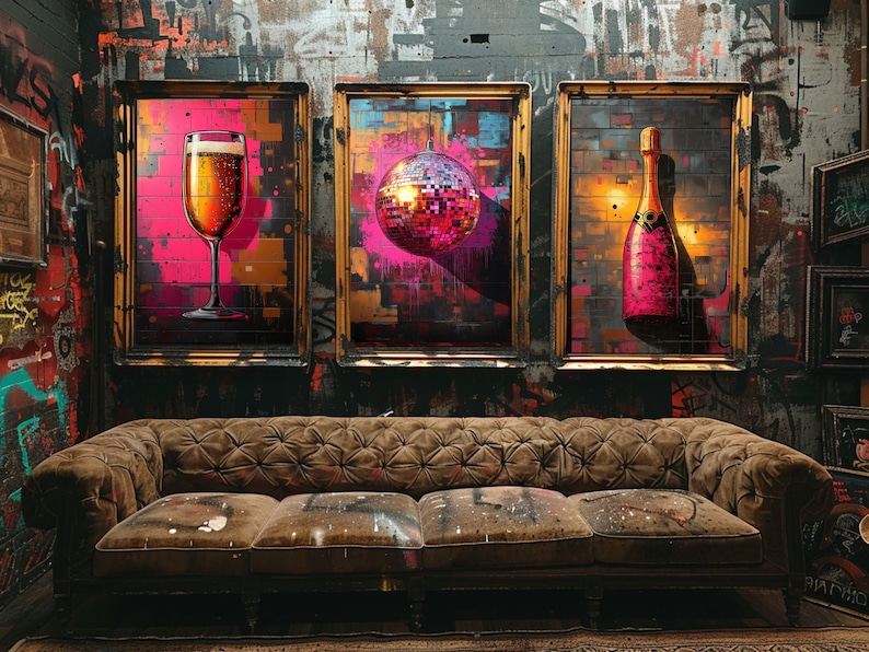 Graffiti Gallery Wall Set, Set of 3 Party Prints, Disco Ball, Champagne ...