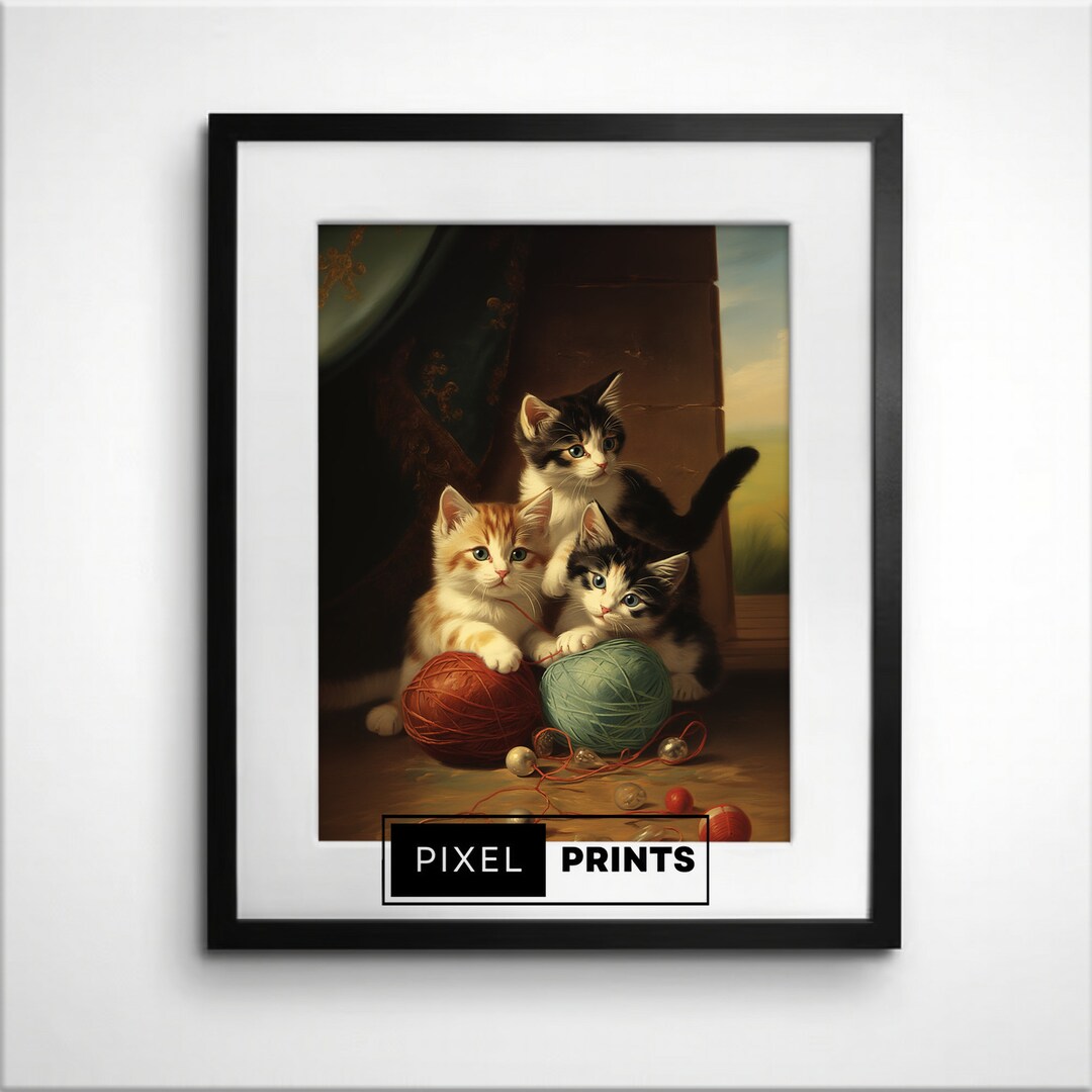 Vintage Oil Painting Kittens Playing With Yarn Wall Art Print | Digital ...