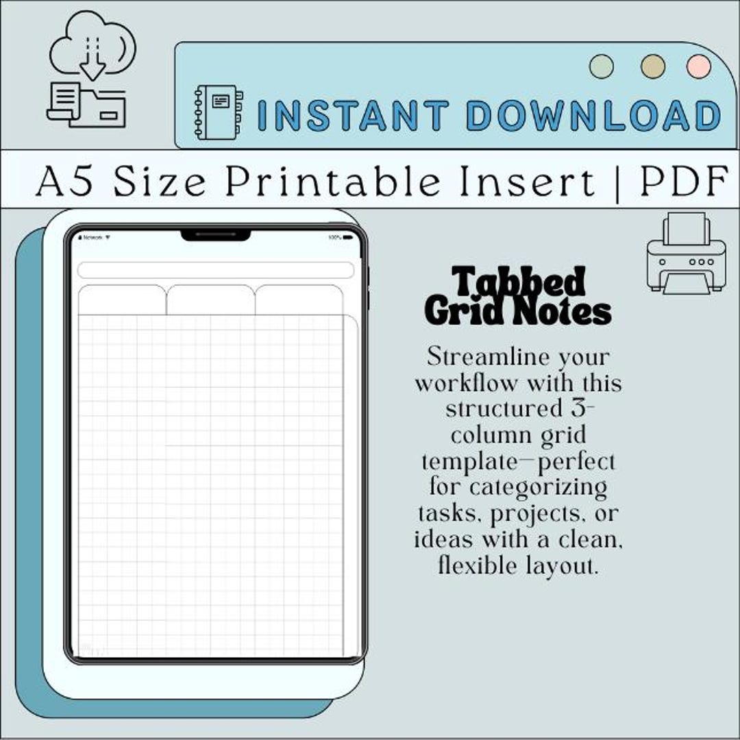 A5 Sized Grid Tabbed Printable Planner Insert Template NOTES - Etsy