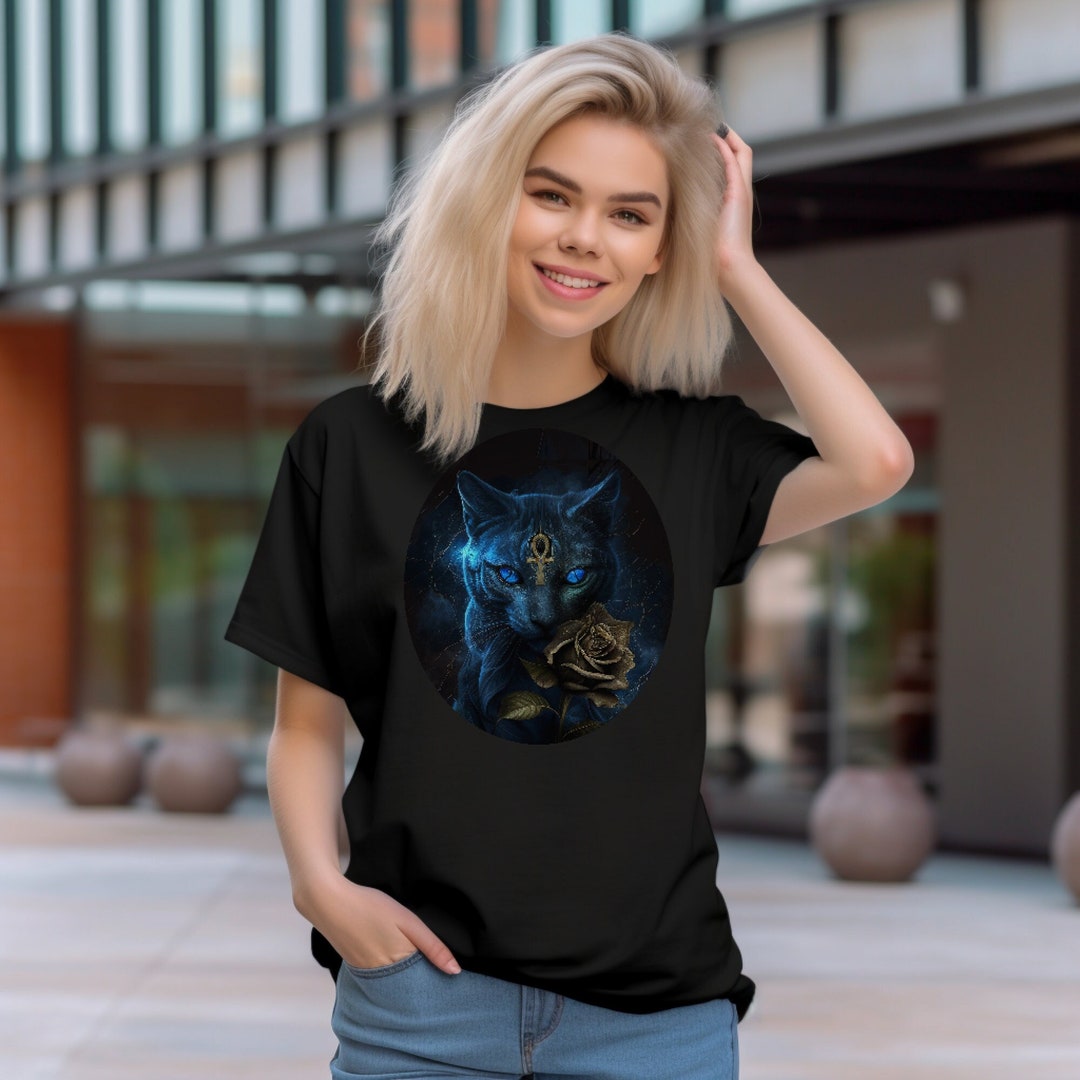 Mystical Black Cat With Rose T Shirt, Cotton, Bastet, Ankh, Key of Life ...
