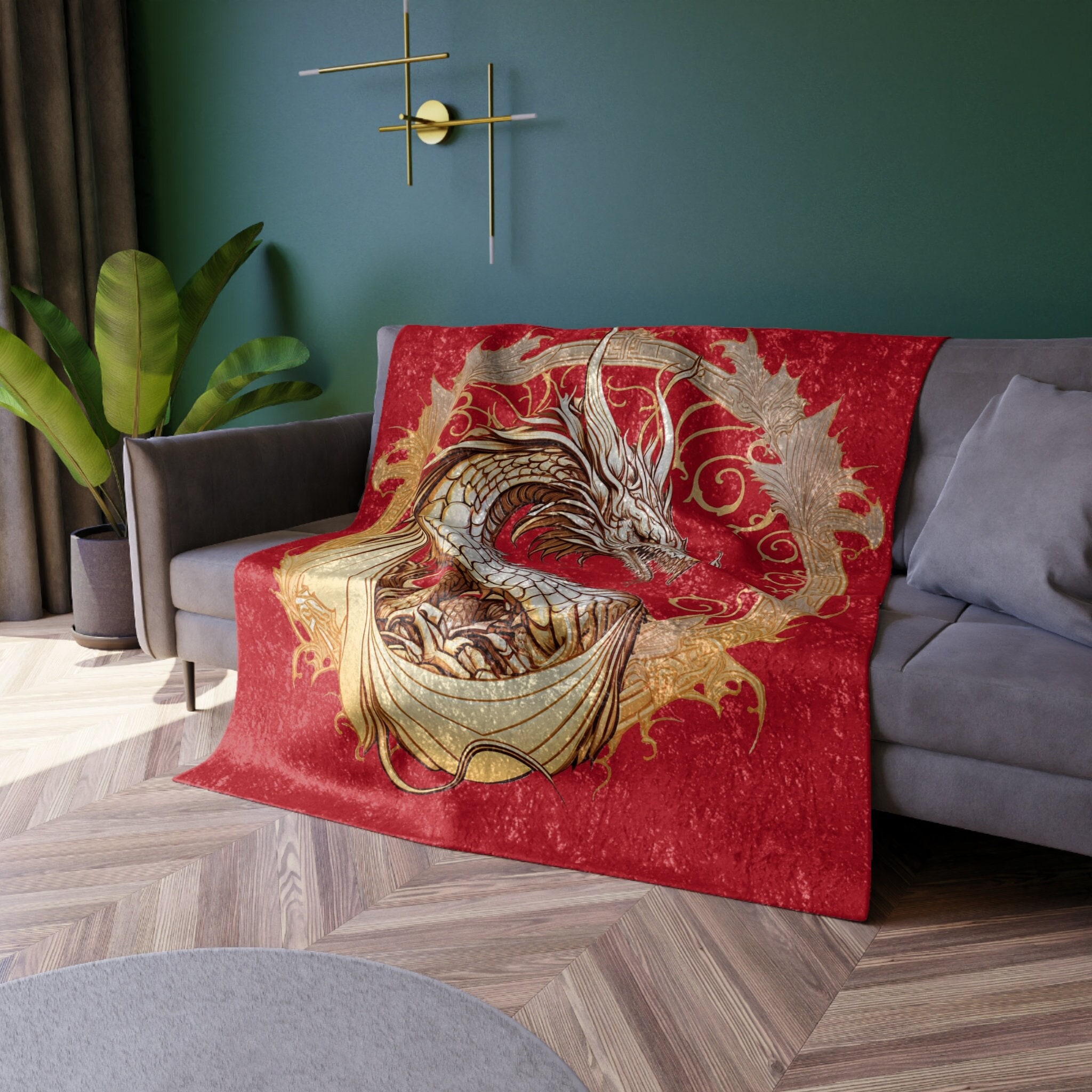 Crushed Velvet White Gold Dragon Blanket Add a Touch of Mystique to ...