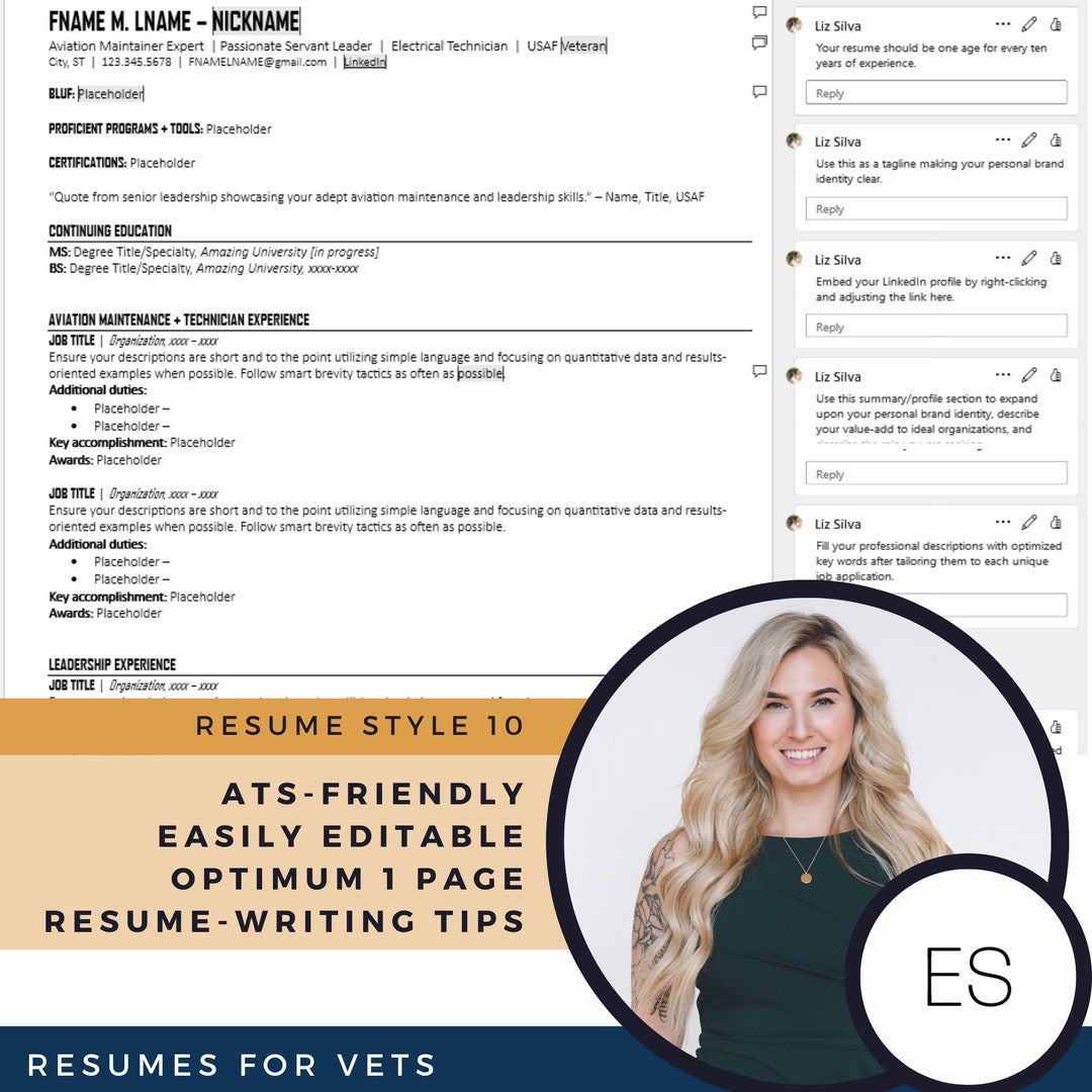 Military Veteran Resume Template Editable CV Civilian Transition Resume ...