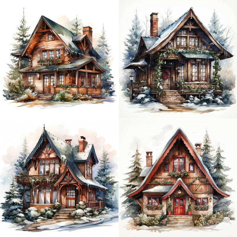 Christmas House Watercolor Clipart, Winter House Clipart, Winter Cabin ...